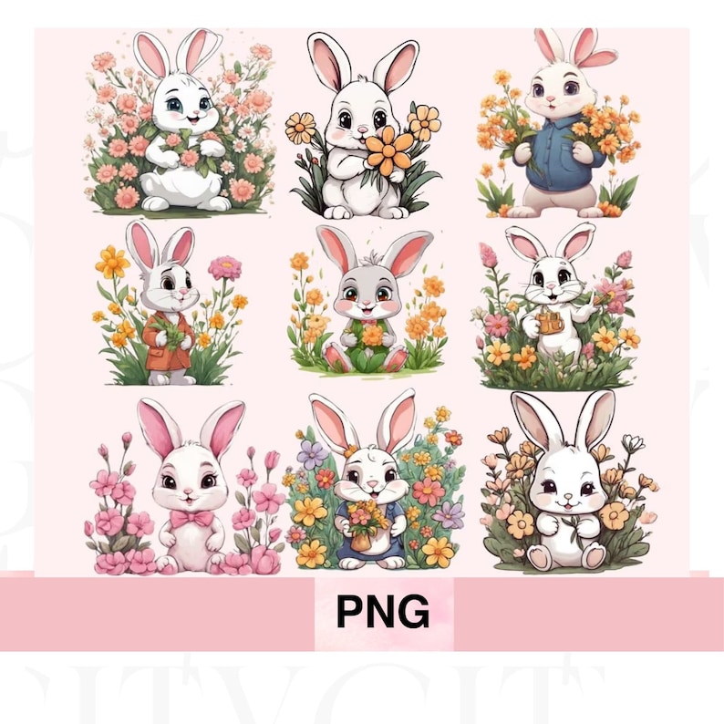 Cute Bunnies With Flowers Clipart Bundle Nursery Spring - Etsy
