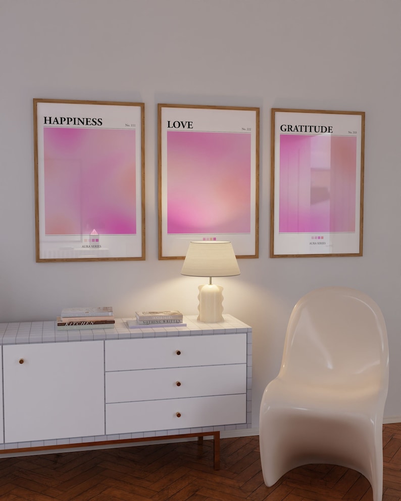 Spiritual Printable Posters Set of 3, Pink Grainy Gradient, Happiness ...