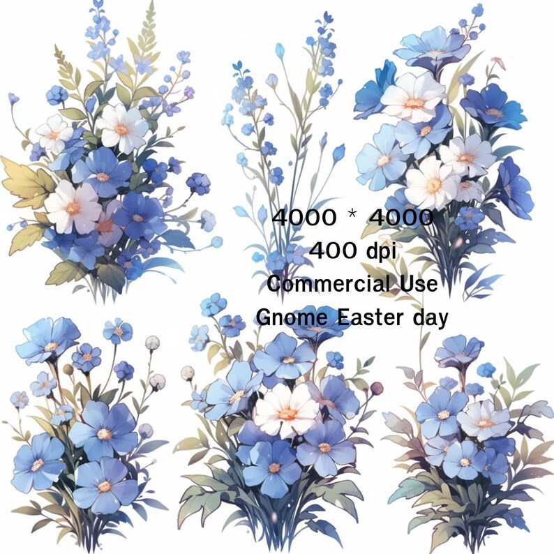Blue Flower Clipart Fiower Digital Watercolor PNG Instant Download for ...