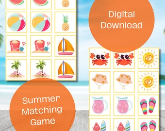 Summer Memory Game Printable, Matching Game, Beach Flash Cards, Summer ...