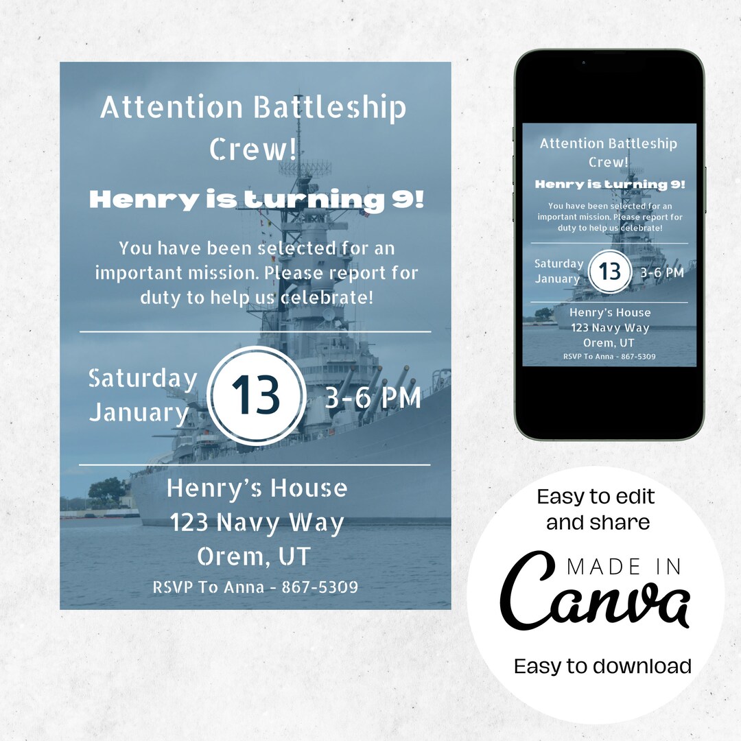 Battleship Birthday Invitation | Navy Party Invite | Digital Download ...