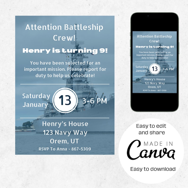 Battleship Birthday Invitation | Navy Party Invite | Digital Download ...