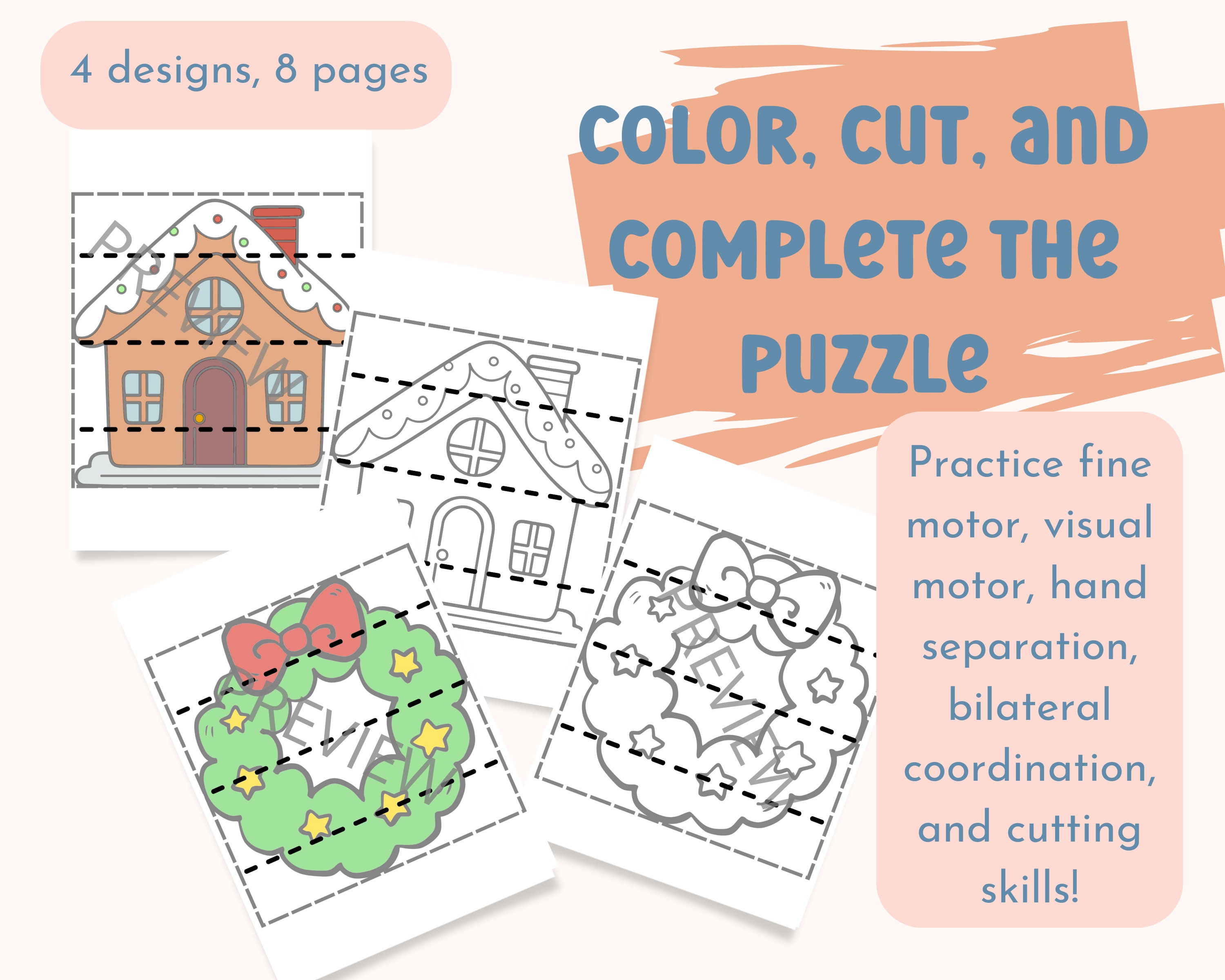 Christmas Theme, Color, Cut, and Glue Together Puzzle, Fine Motor ...