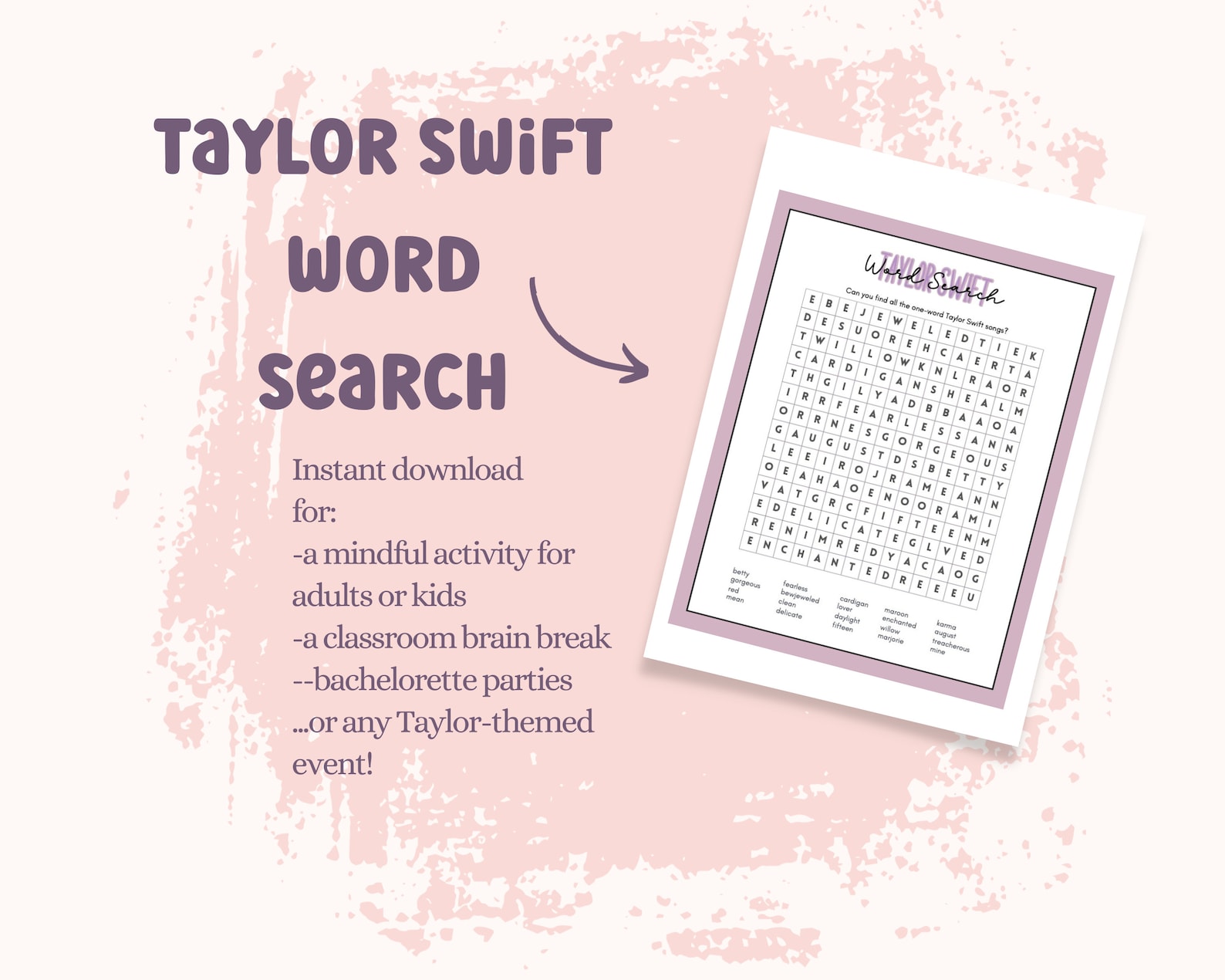 Taylor Swift Word Search, Printable Word Search, Swiftie Songs, Digital ...