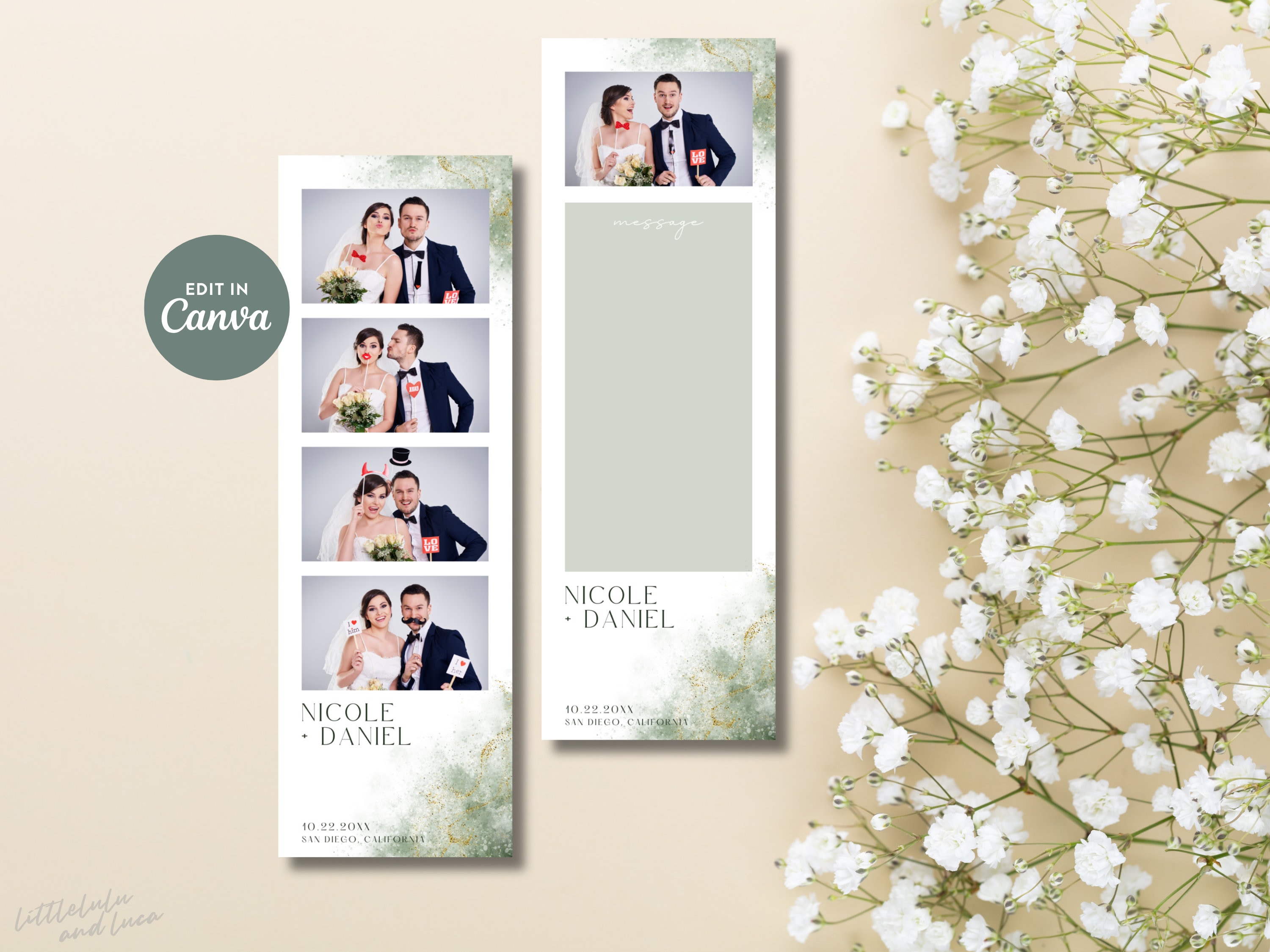 Minimalist Photo Strip Photo Booth Template in Sage Green and Gold ...