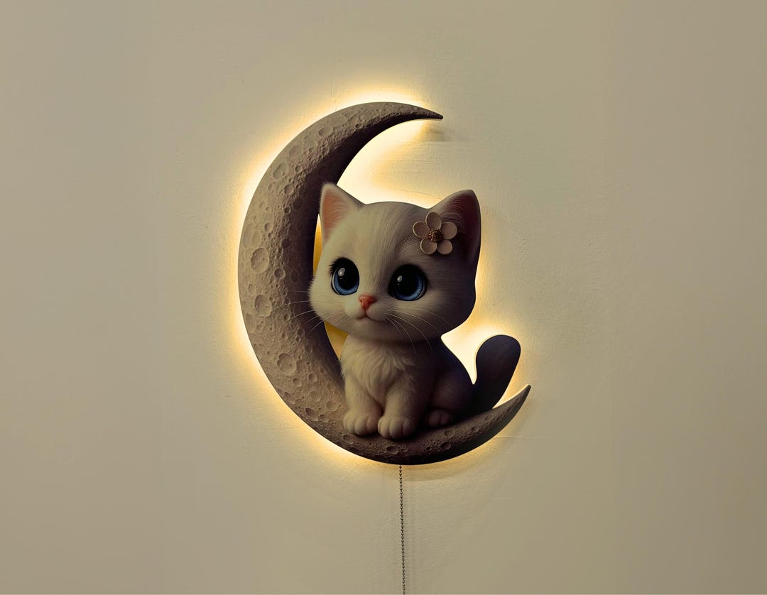 Cat Night Light on Moon – Acrylic Print Kids Wall Lamp – Nursery Decor ...