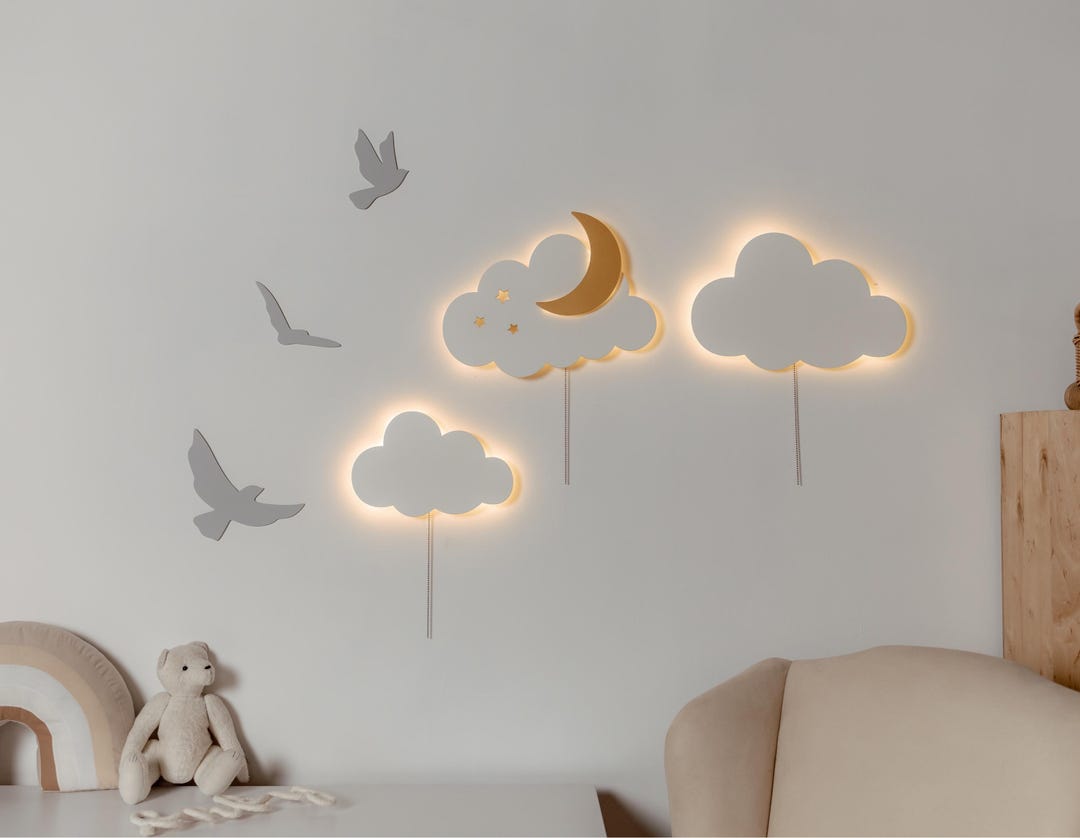 Wooden Night Light Set - Nursery LED Wall Lamp, Cloud, Moon & Bear, Hot ...