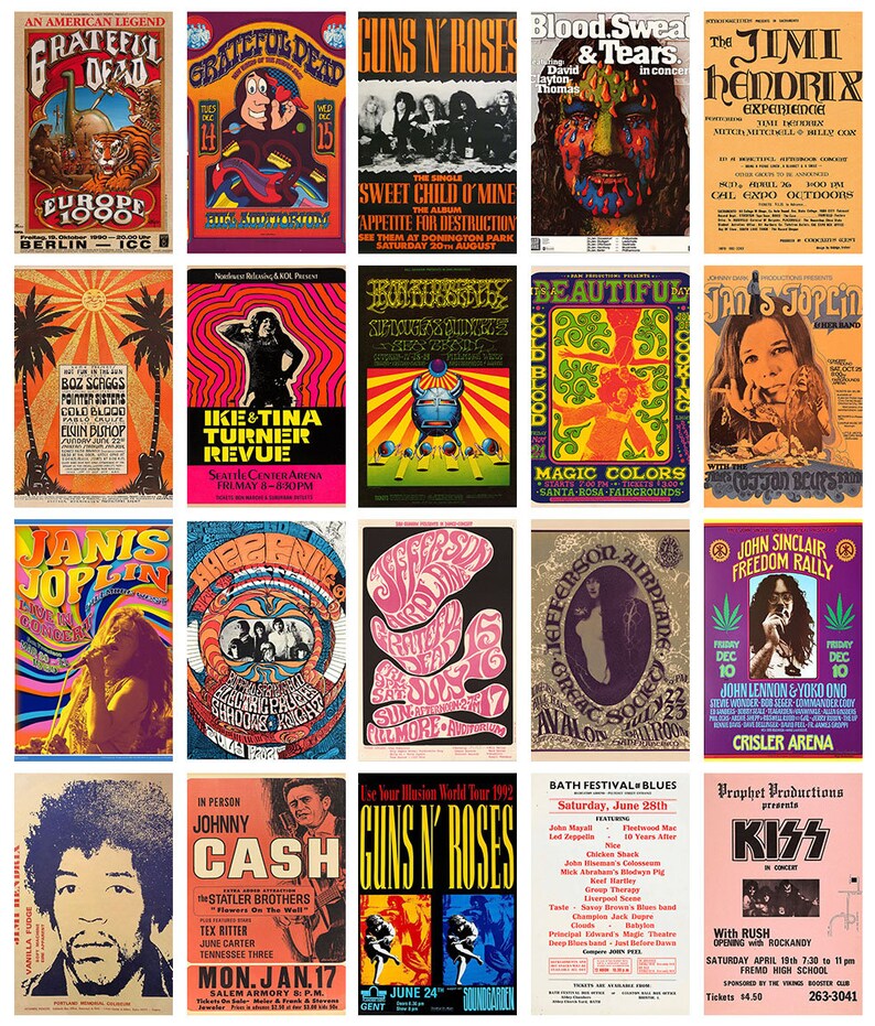100 Vintage Concert Posters set 2 Retro Rock Poster Prints High-quality ...