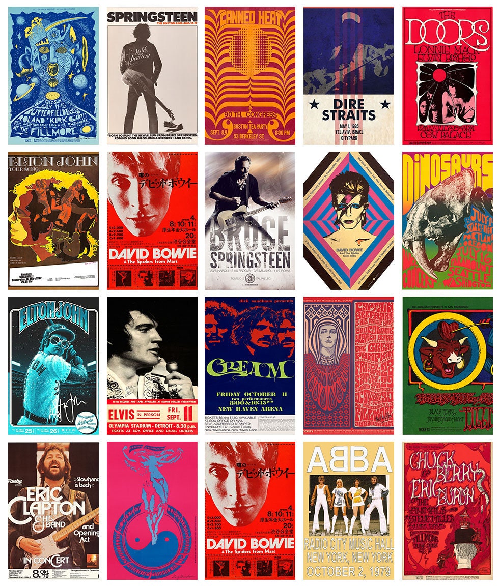 100 Vintage Concert Posters set 2 Retro Rock Poster Prints High-quality Digital Download & Print ...