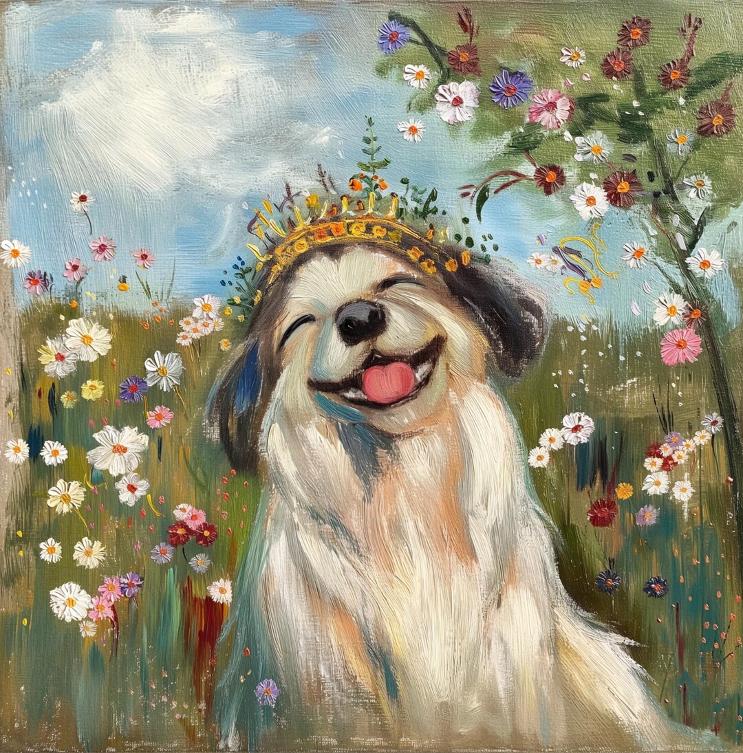 Smiling Dog in Meadow Art Print - Whimsical Giclée Print by Artist - Etsy
