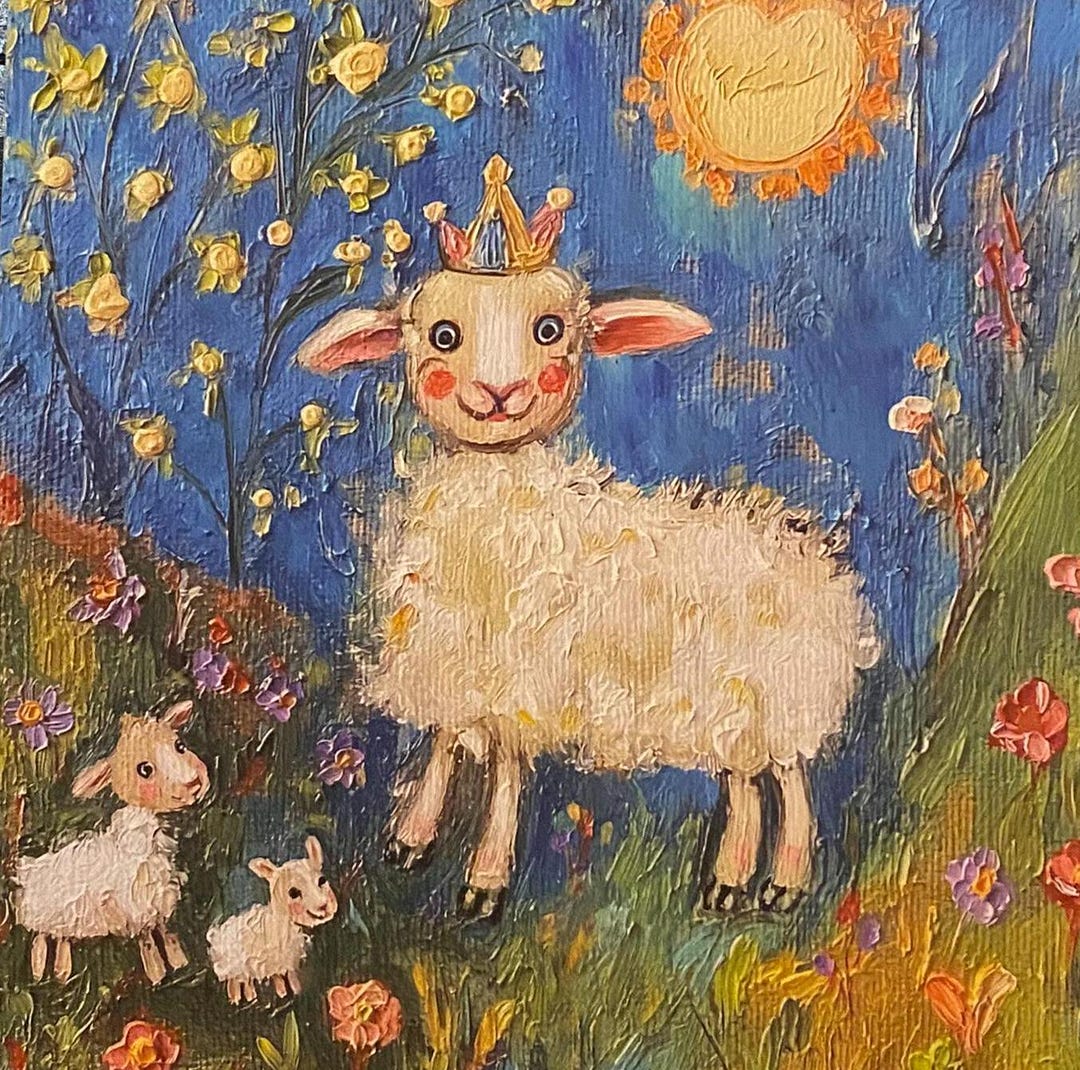 Whimsical Sheep Art Print – Storybook Lamb With Crown in Spring Meadow ...
