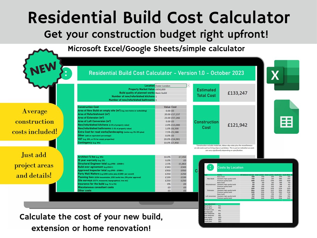 Residential Build Cost Calculator Google Sheets Excel Template Renovation Extension New Self ...