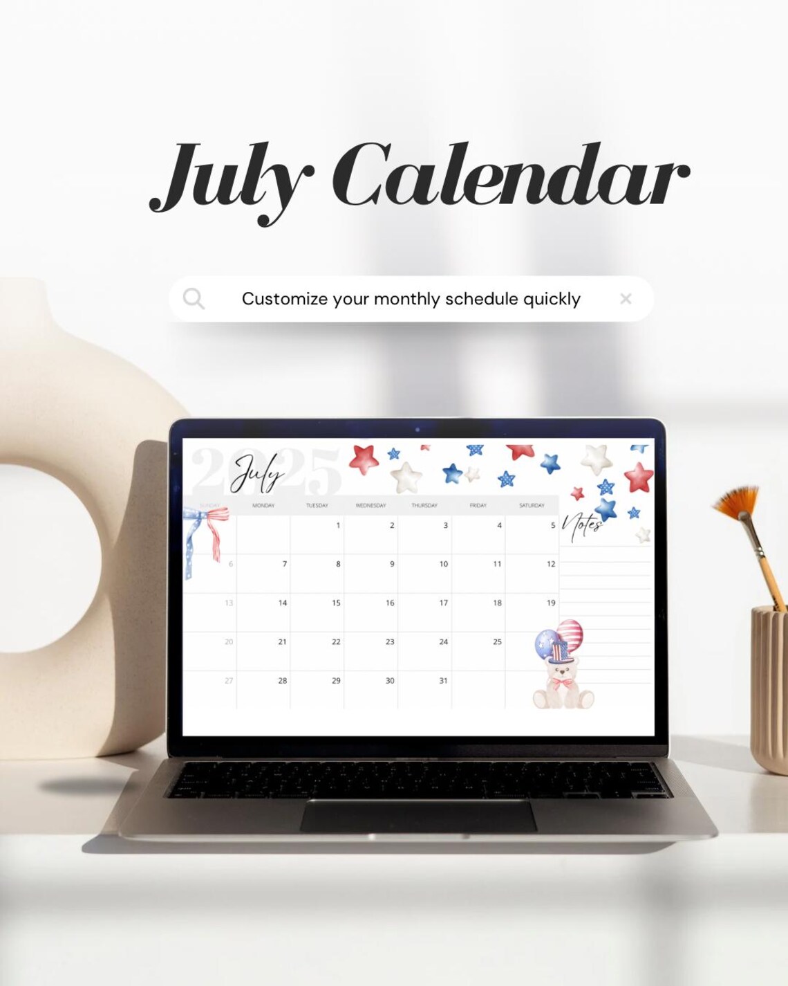 2025 Digital July Monthly Festive Calendar With Notes for Organization ...