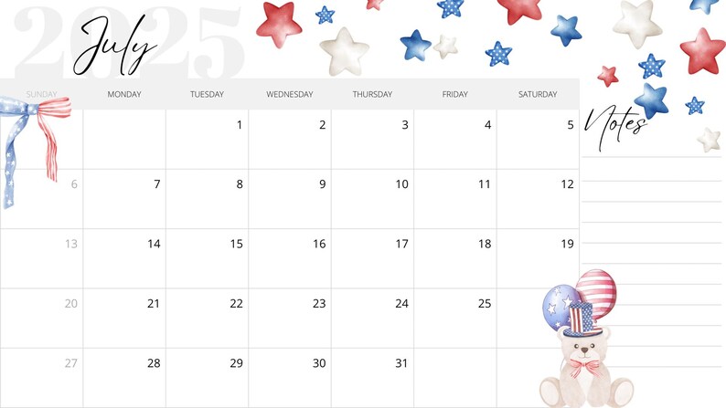 2025 Digital July Monthly Festive Calendar With Notes for Organization ...