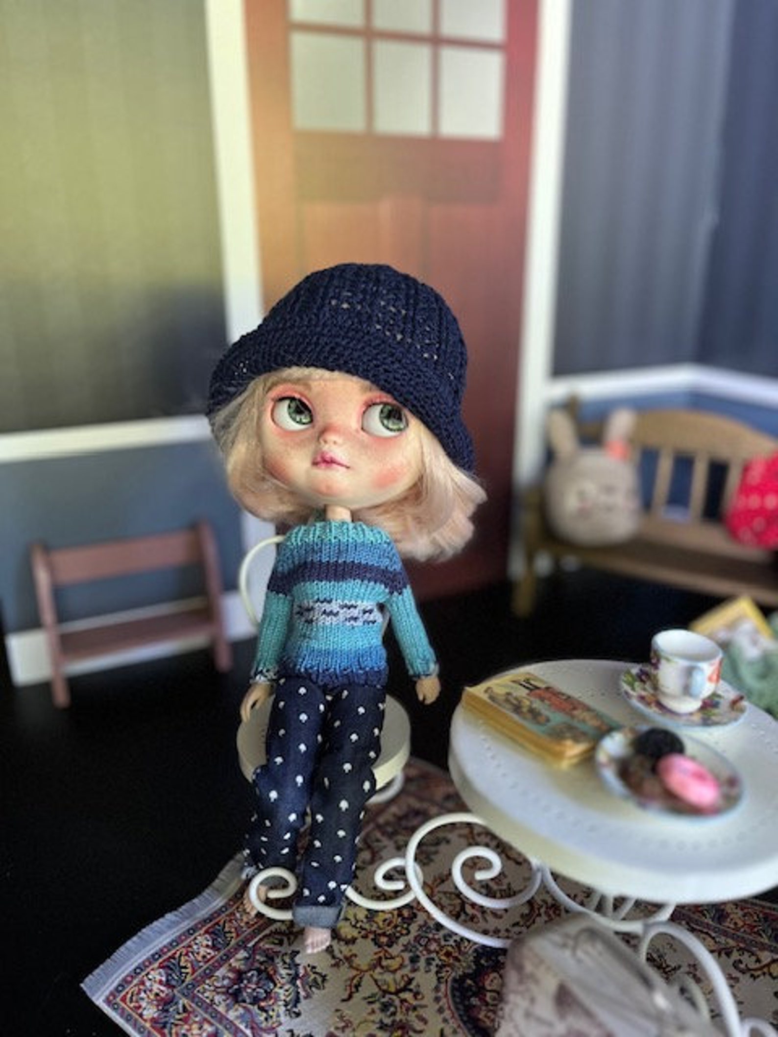 Blue Striped Sweater, Hat, and Polka Dot Jeans Outfit for Blythe Dolls ...