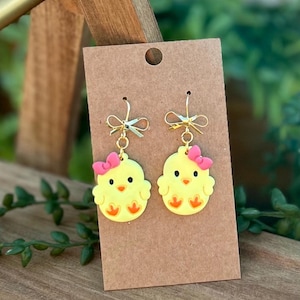 Handmade Easter Chick / Chicken Egg / Happy Chick / Easter Basket / Bow Earrings / Polymer Clay ...
