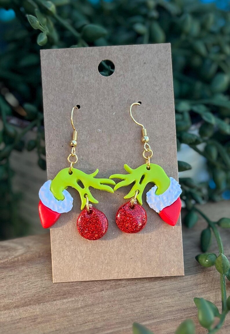 Handmade Grinch Hand Christmas Polymer Clay Earrings (lightweight) - Etsy