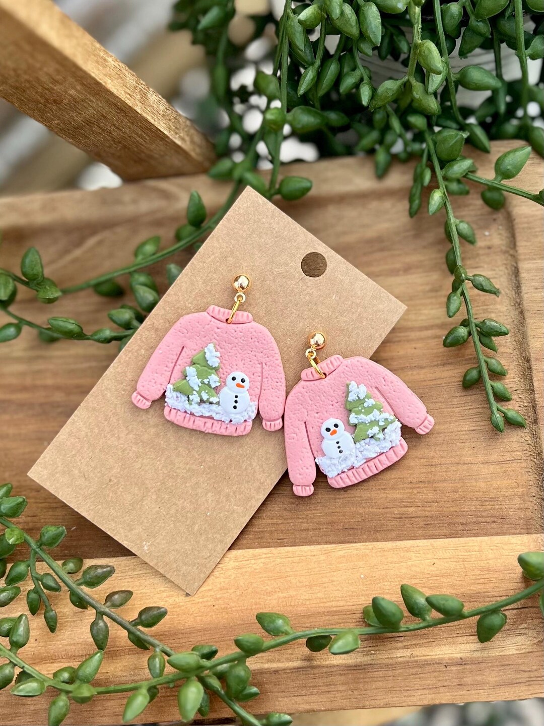 Pink Christmas Cozy Sweater Dangles: Snowman Polymer Clay Winter ...