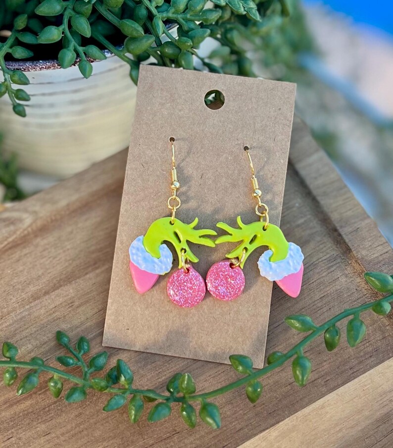 Handmade Grinch Hand Christmas Polymer Clay Earrings (lightweight) - Etsy