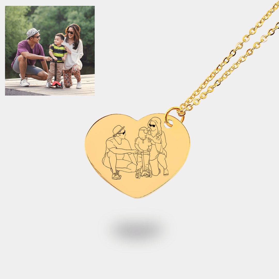 Custom Photo Engraved Necklace, Line-art Heart Necklace, Personalized ...