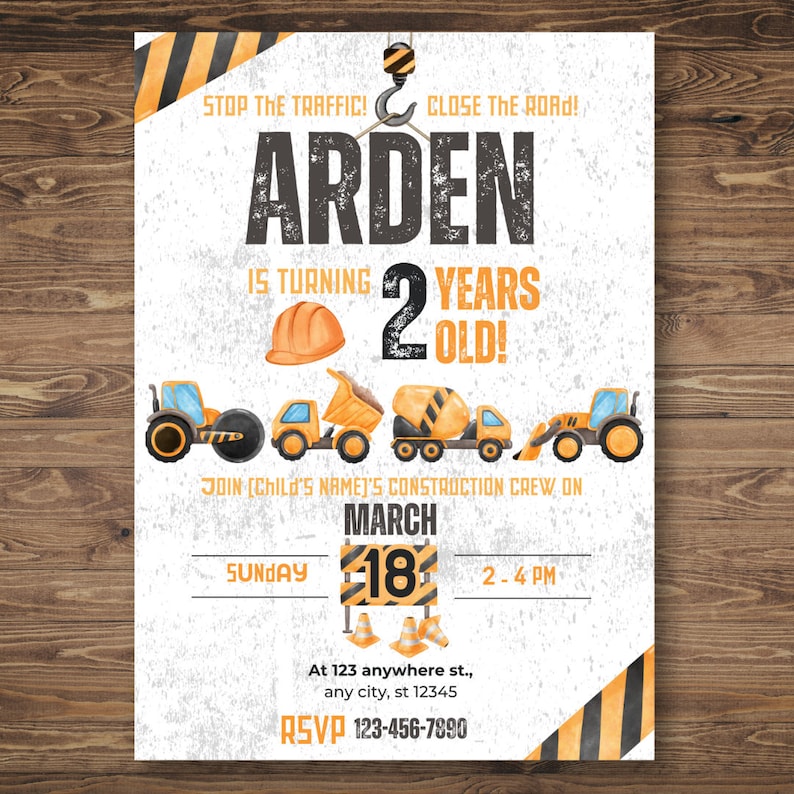 Construction Themed Birthday Invitation, Digital Download, Fully ...
