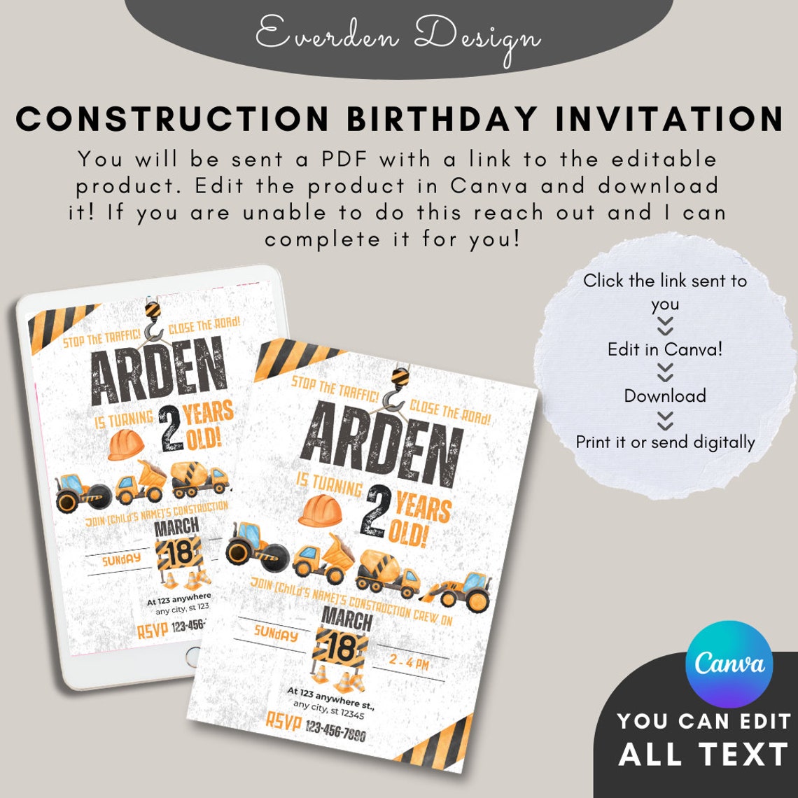 Construction Themed Birthday Invitation, Digital Download, Fully ...