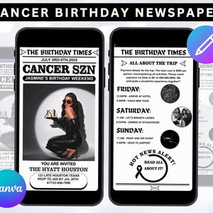 Editable Cancer Birthday Weekend Newspaper Invitation, Digital Cancer ...