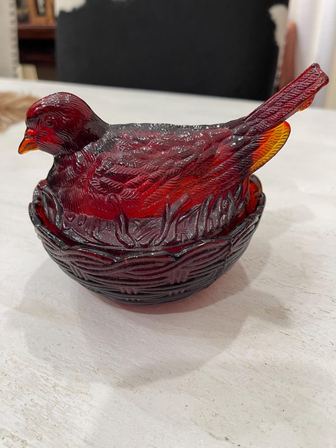 Vintage Ruby Red Bird on Nest - Etsy
