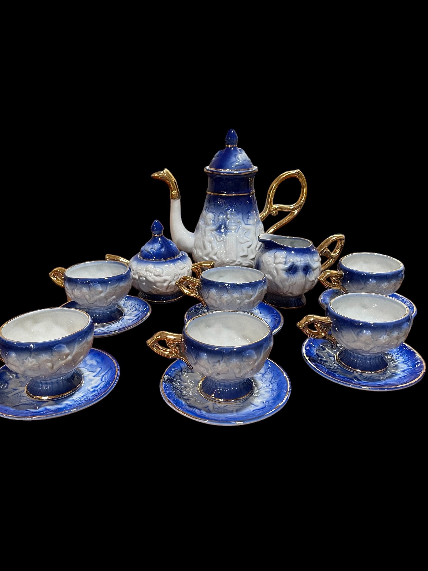 Vintage Angle Tea Set Blue and White 6 Cups 6 Sauces Tea Pot Creamer ...