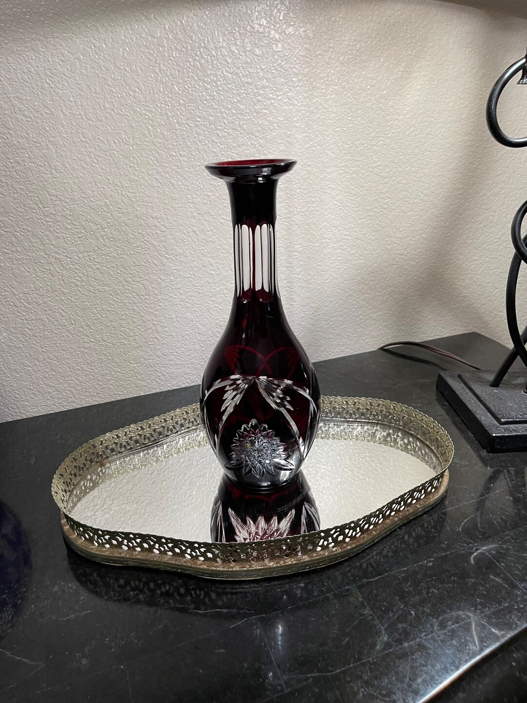 Large Bud Vase . Deep Red Color With Etched Glass - Etsy