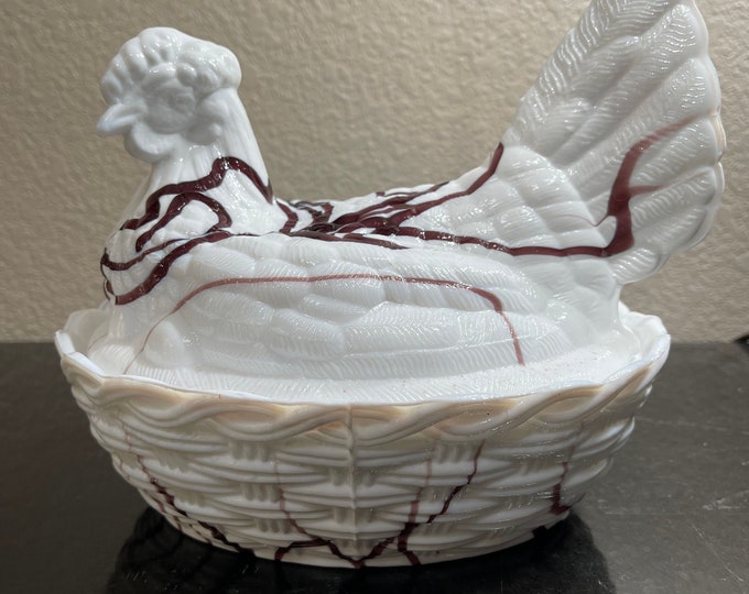 Vintage Large White and Purple and Brown Slag Glass Nesting Hen Chicken ...