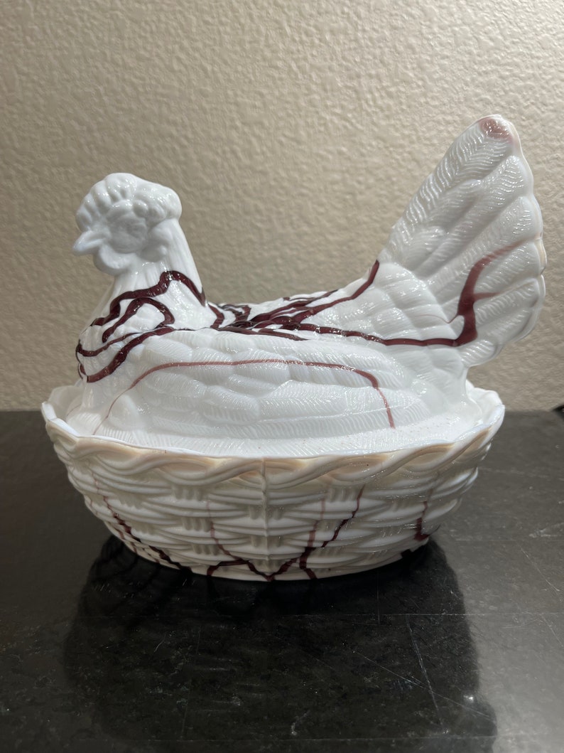Vintage Large White and Purple and Brown Slag Glass Nesting Hen Chicken ...