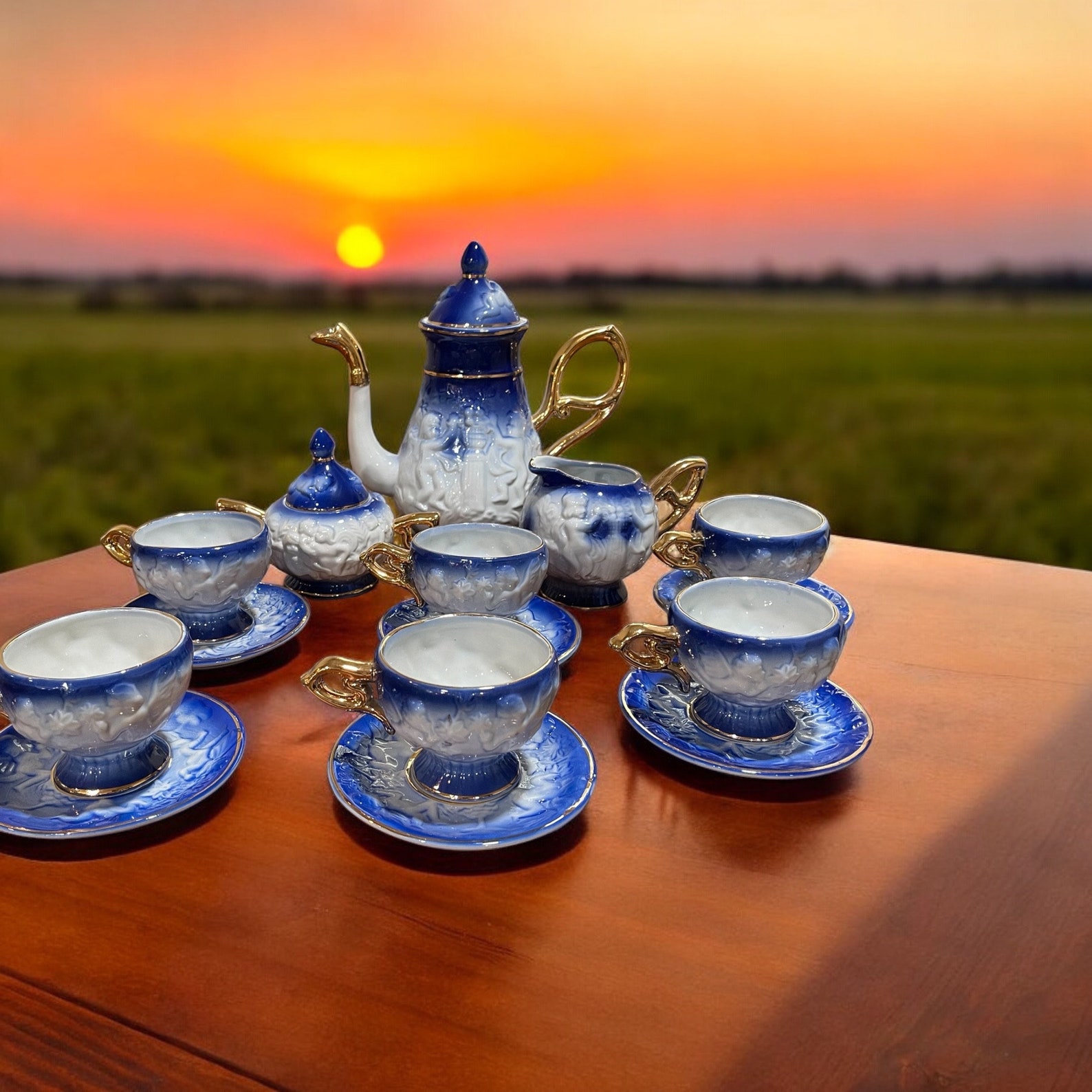 Vintage Angle Tea Set Blue and White 6 Cups 6 Sauces Tea Pot Creamer ...