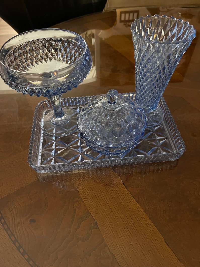 Vintage Indiana Glass Regal Blue Glass 4 Pc Tray Set . Diamond Cut ...