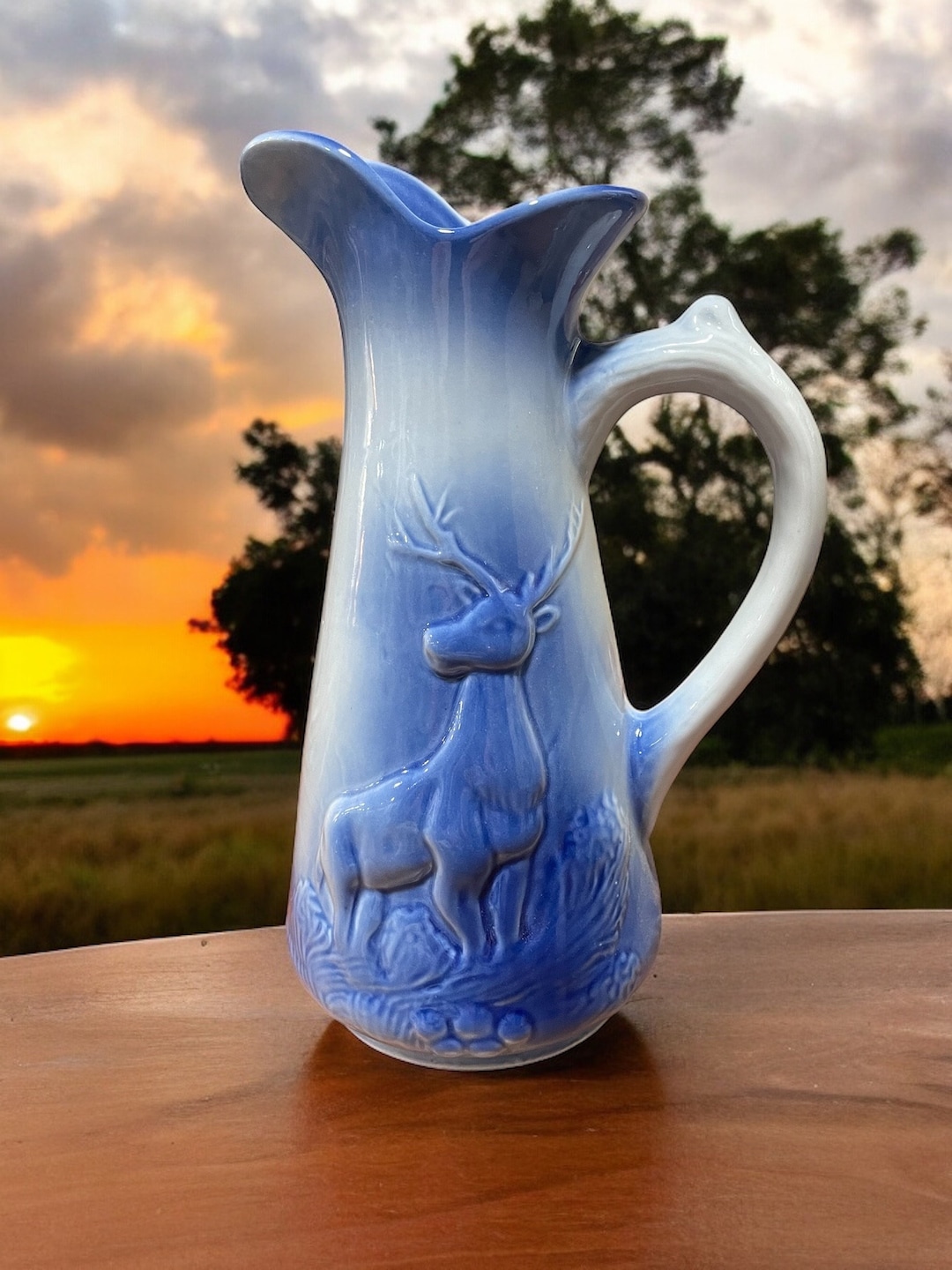 13” X7"x5.5" Victoria Ironstone Flow Blue Style Pitcher Vase W/ Buck ...