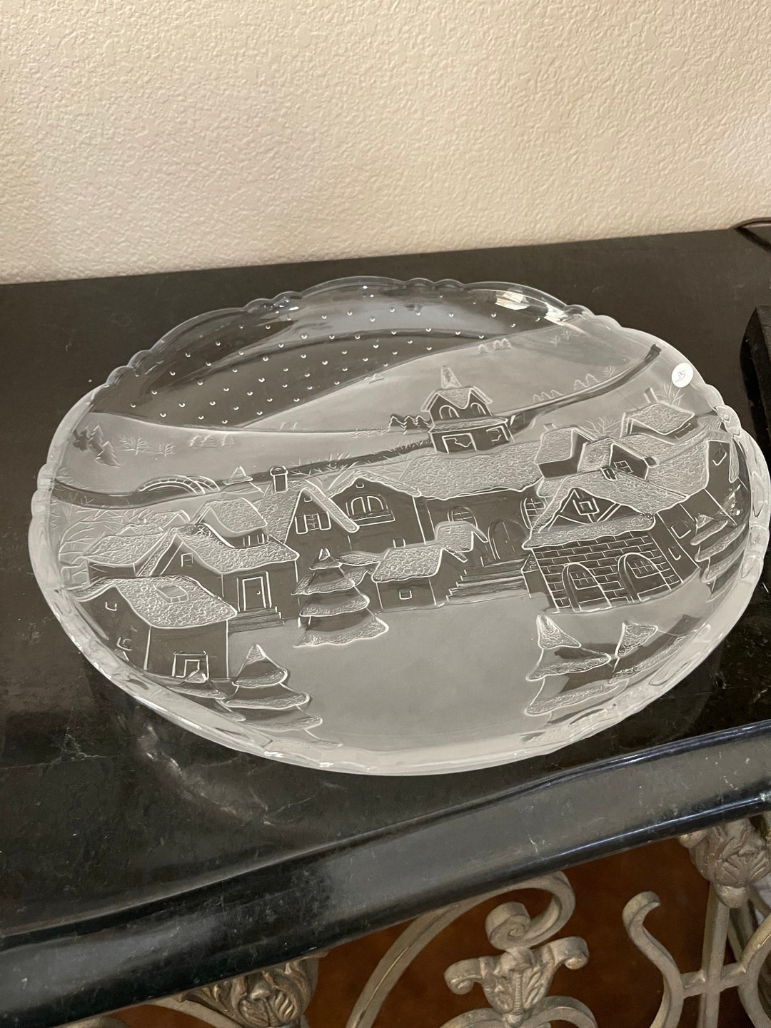 Crystal Clear Studios Round Serving Platter Frosted Village Houses 14 ...