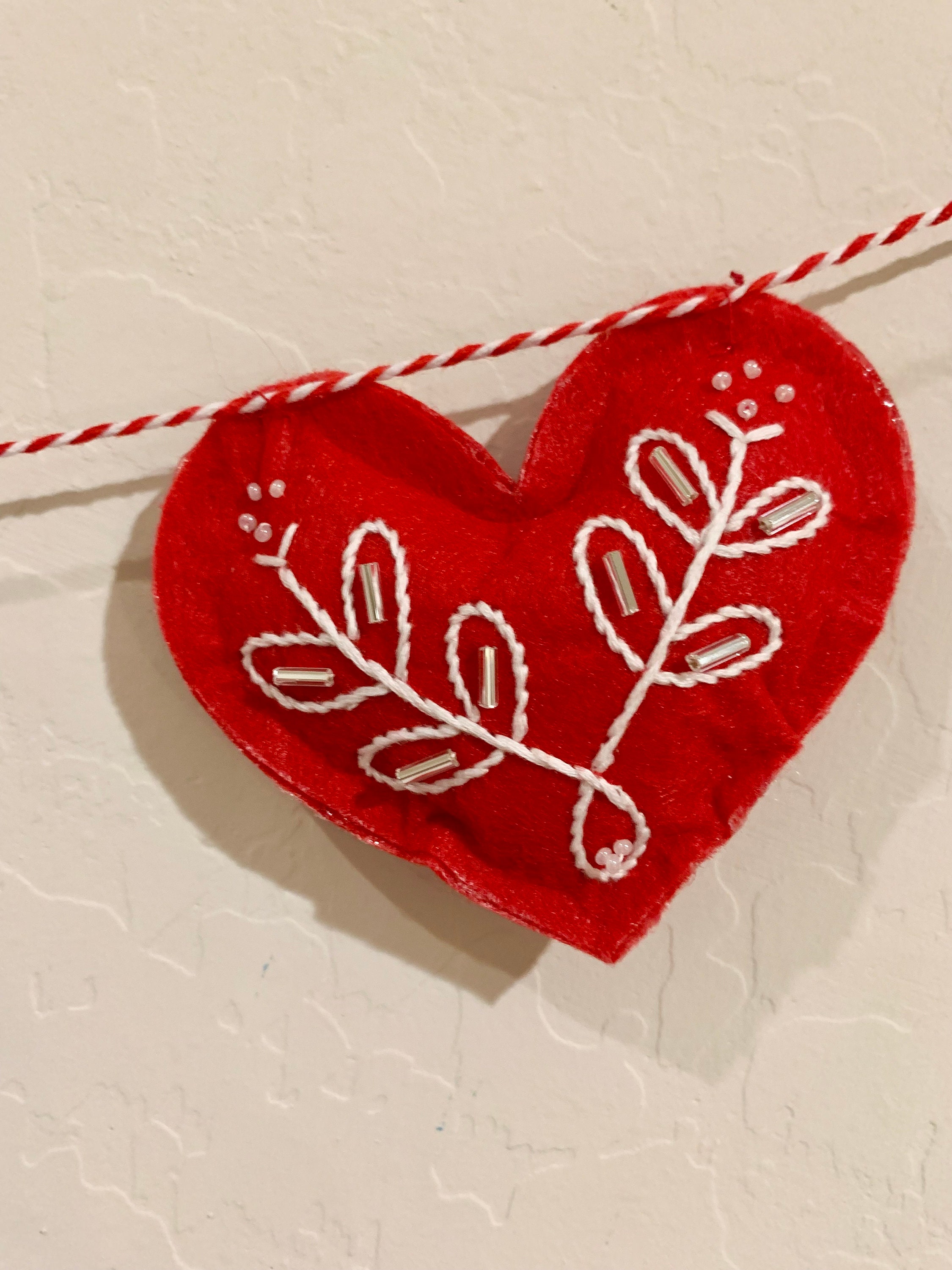 Red Embroidered Heart Garland, Felt Heart Garland, Decorative Banner ...