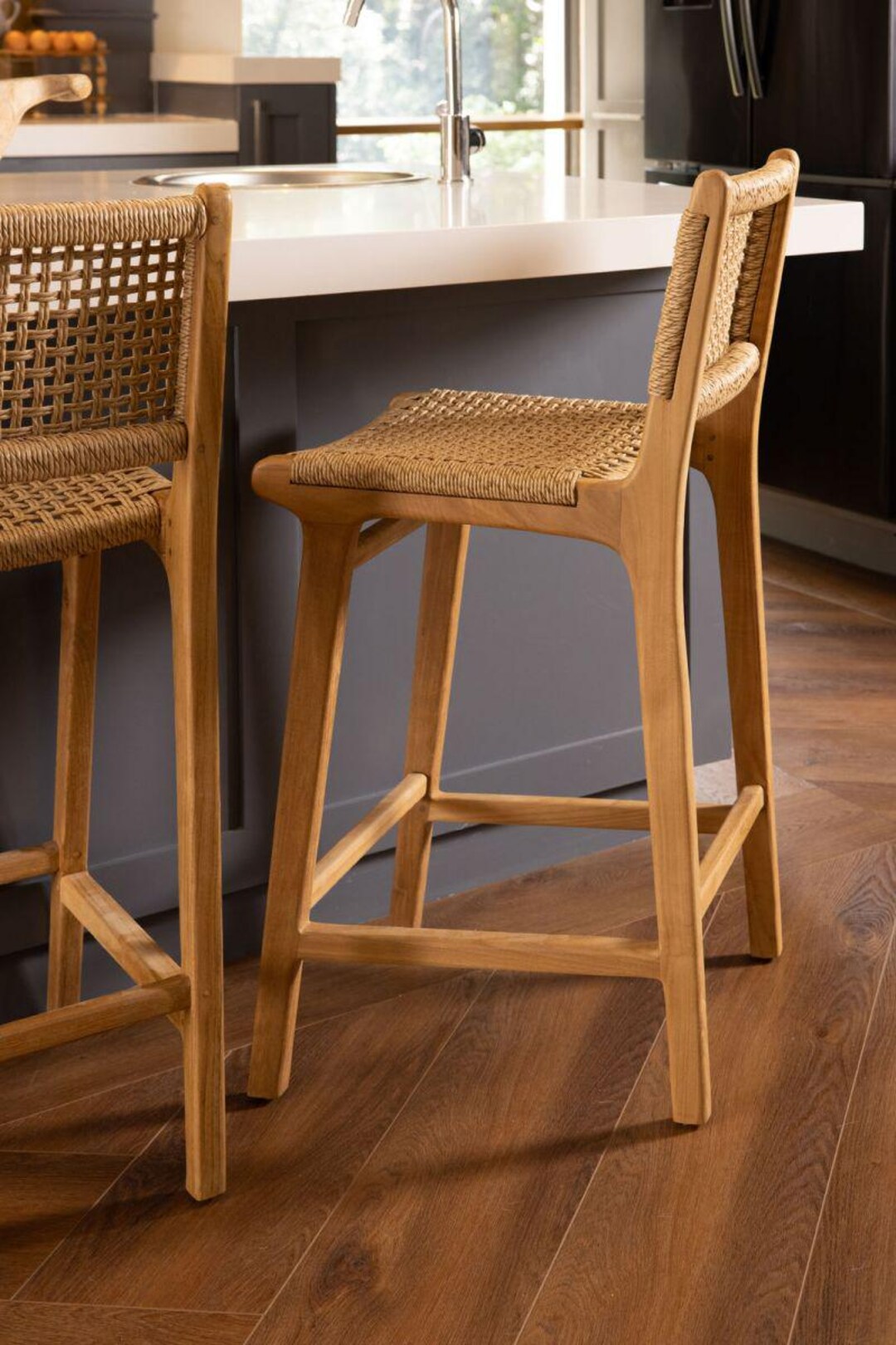 Wood Bar Stool, Woven Rattan Backless Counter Stool, Handmade Artisan ...