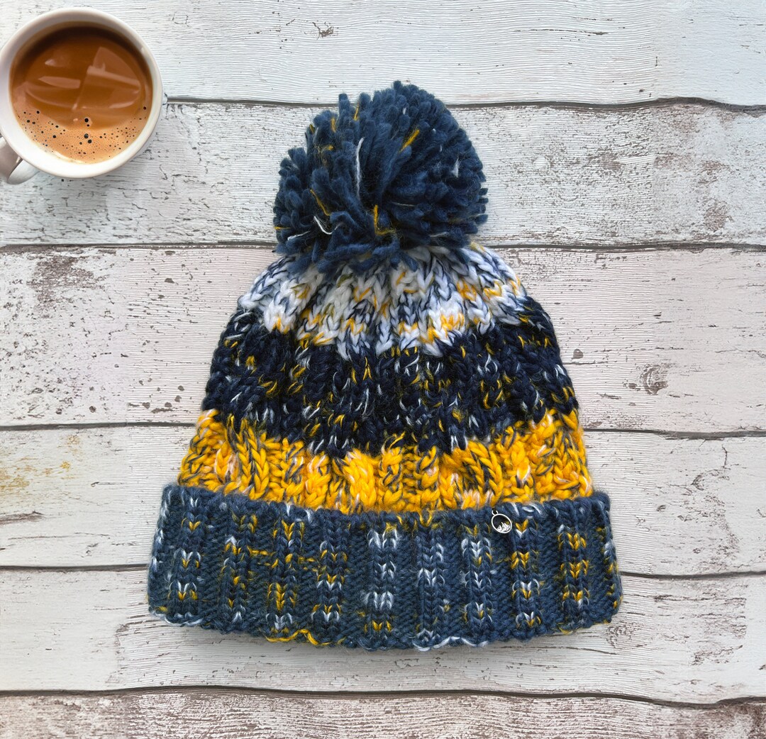 Sparks Fly Knitted Bobble Hat Yellow Blue White Black Fleece - Etsy UK