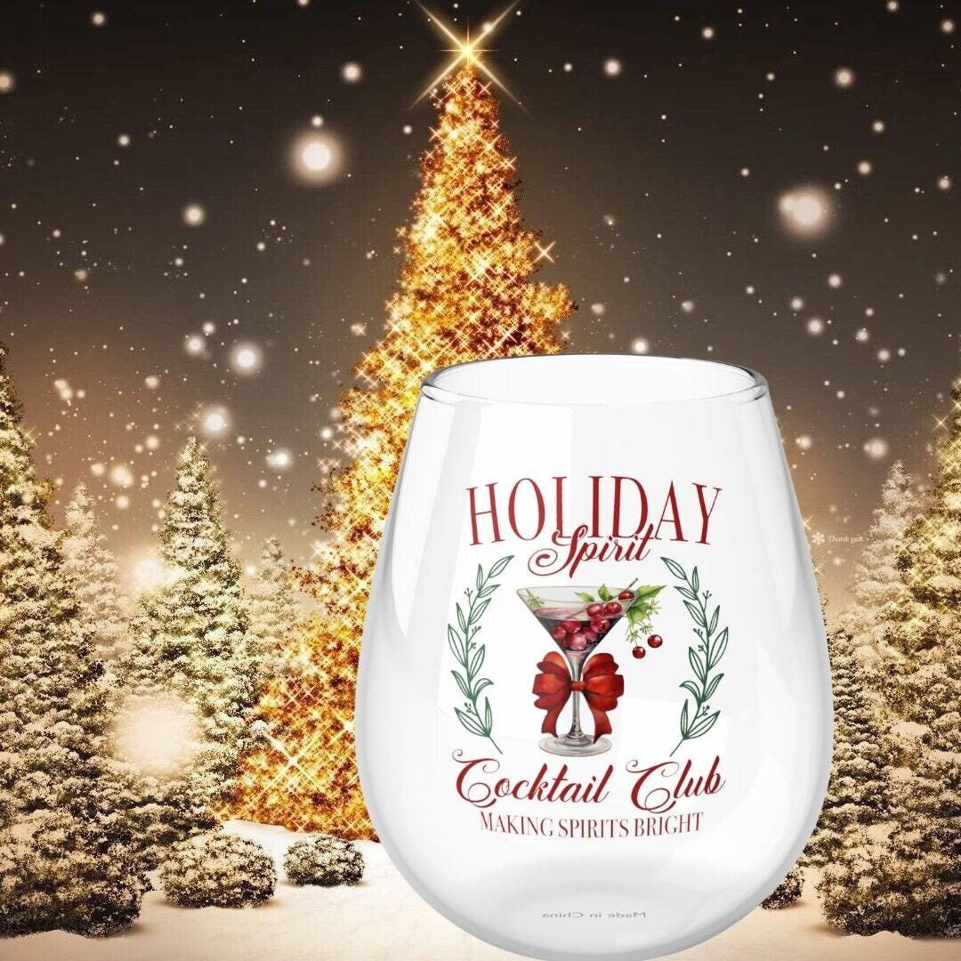 Christmas Stemless Wine Glass, Holiday Spirit Cocktail Club Glass ...