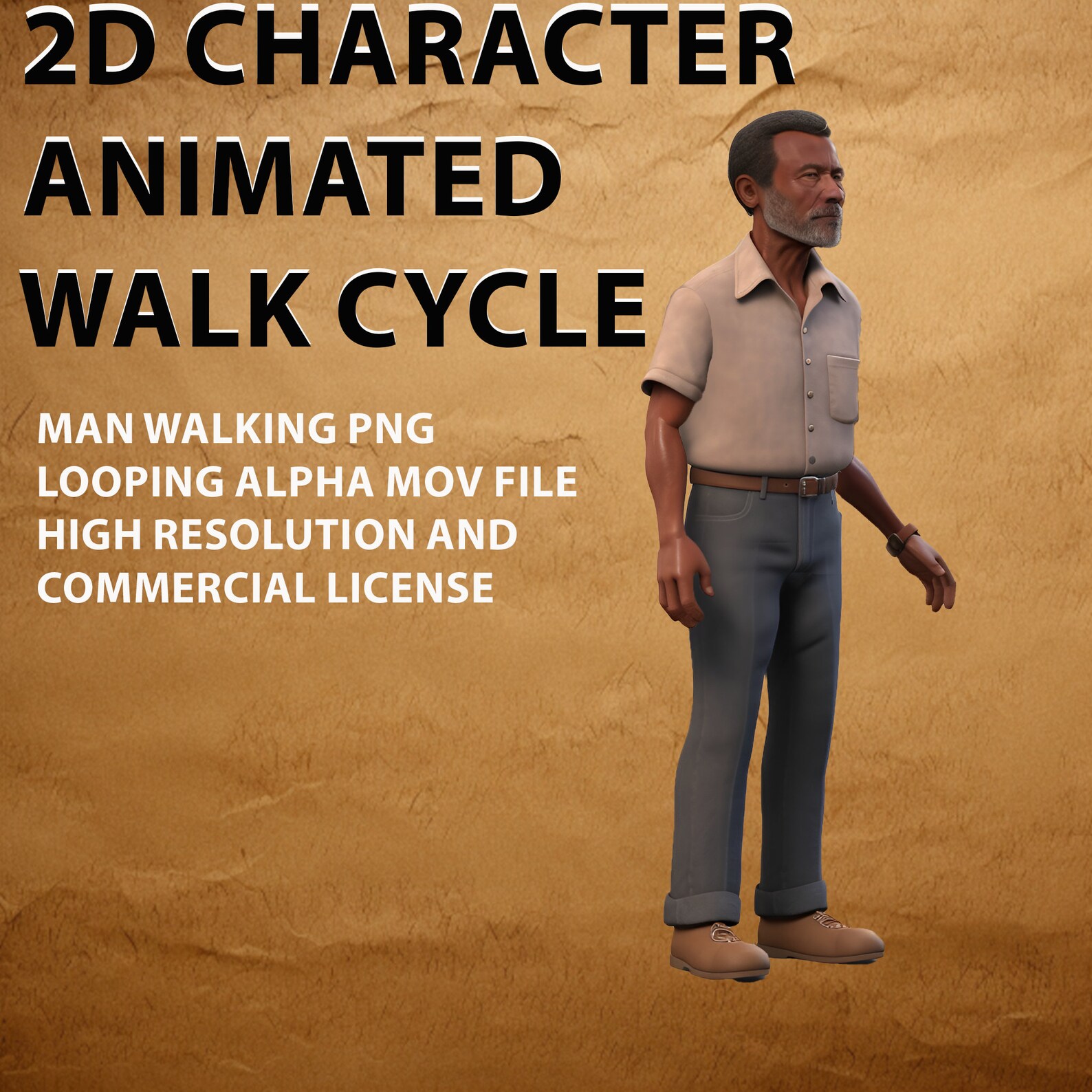2D Animated Walk Cycle of Older Man, Mouth and Eye Movements Looping ...