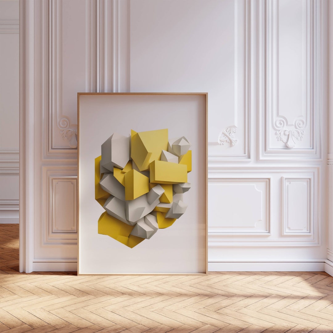 Bright Yellow Abstract Cubism Wall Art Print Large Poster Modern ...