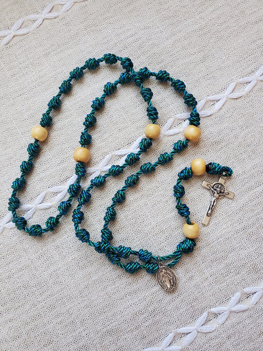 Dark Teal/natural Knotted Rosary Rope Rosary Twine Rosary Cord Rosary ...
