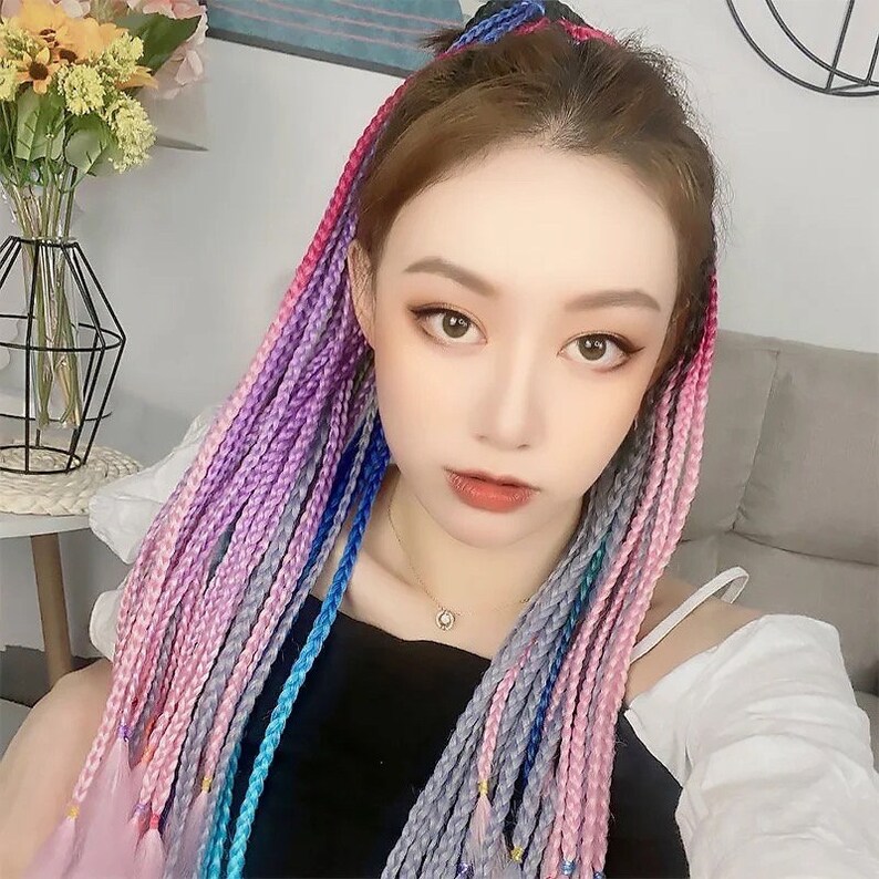 24 Inches Long Synthetic Colorful/ Rainbow Ombre Braided Ponytail Hair ...