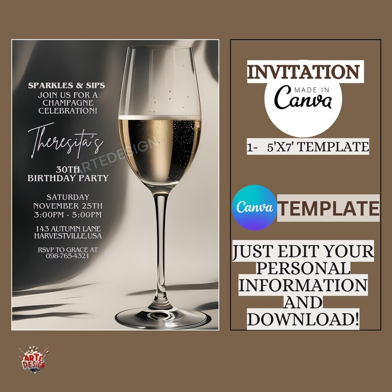 Editable Champagne Birthday Invitation, Champagne Party Invitation ...