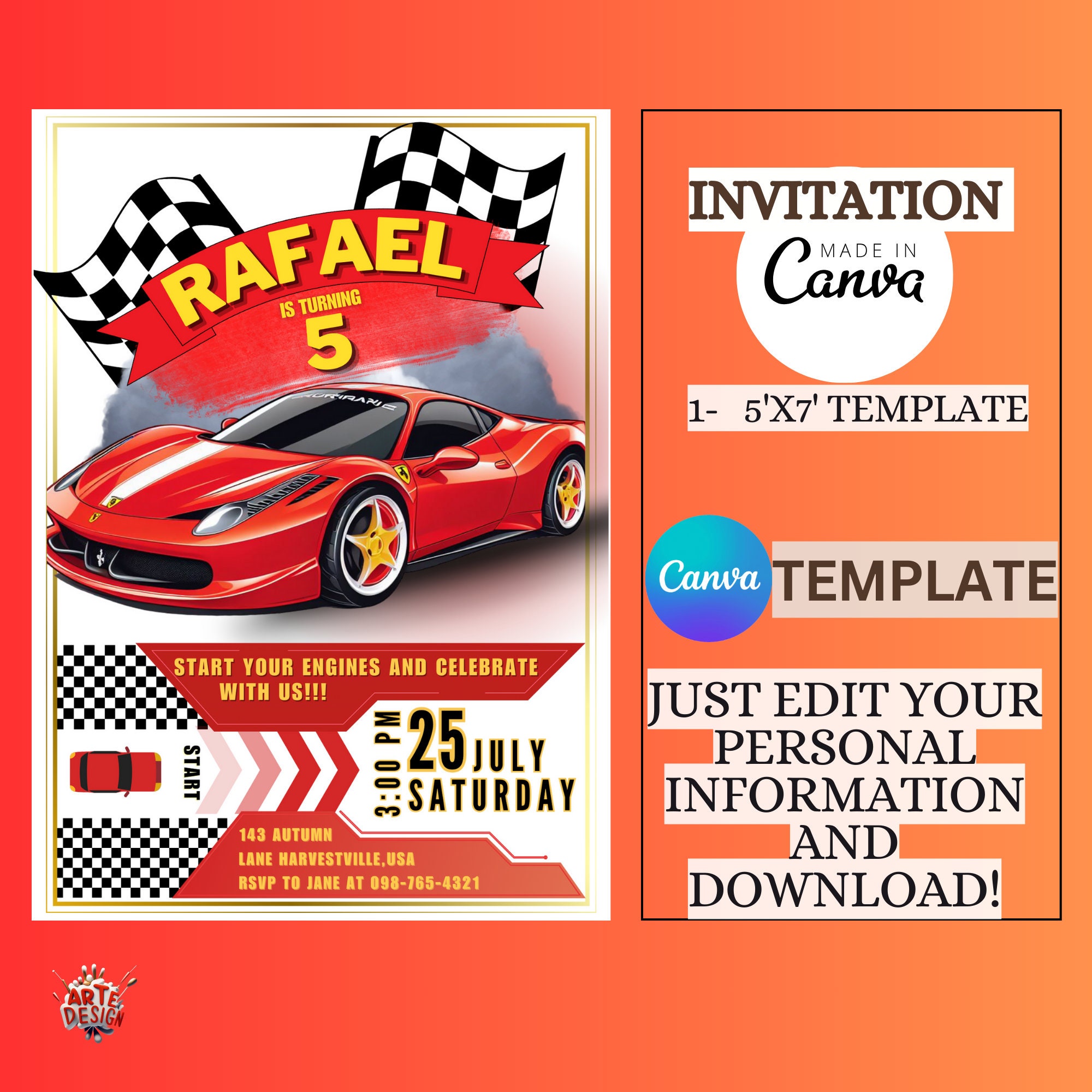 Red Car Birthday Party Invitation, Car Birthday Invitation, Race Car ...