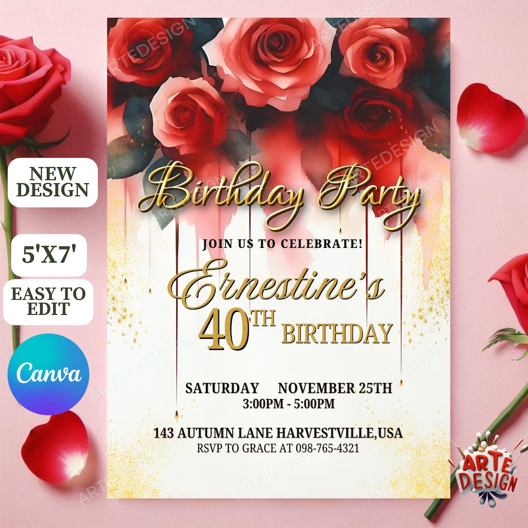 Red Rose Birthday Invitation, Rose Flower Birthday Party Invitation ...