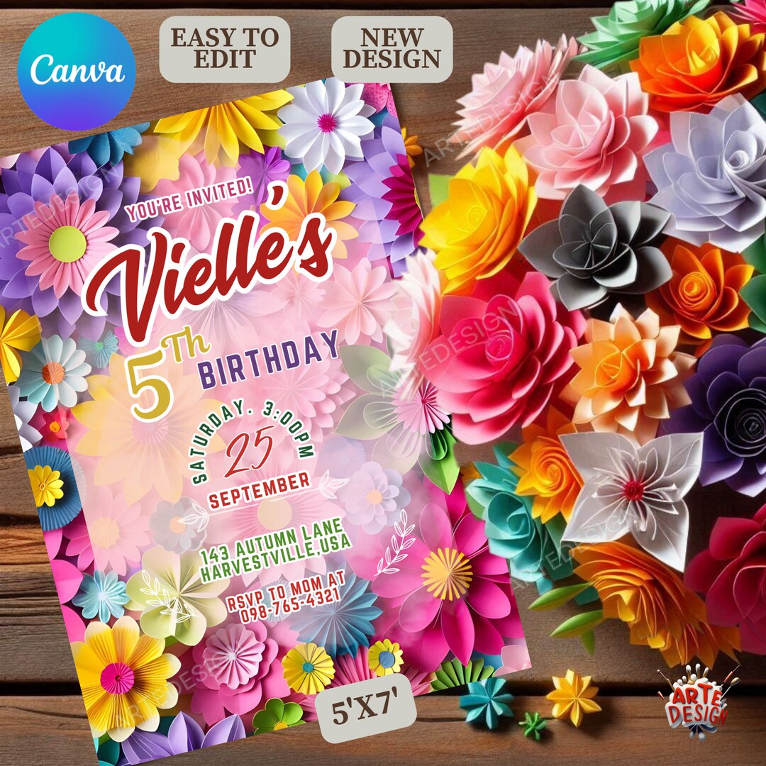 Flower Birthday Invitation, Paper Flowers Birthday Party Invitation ...