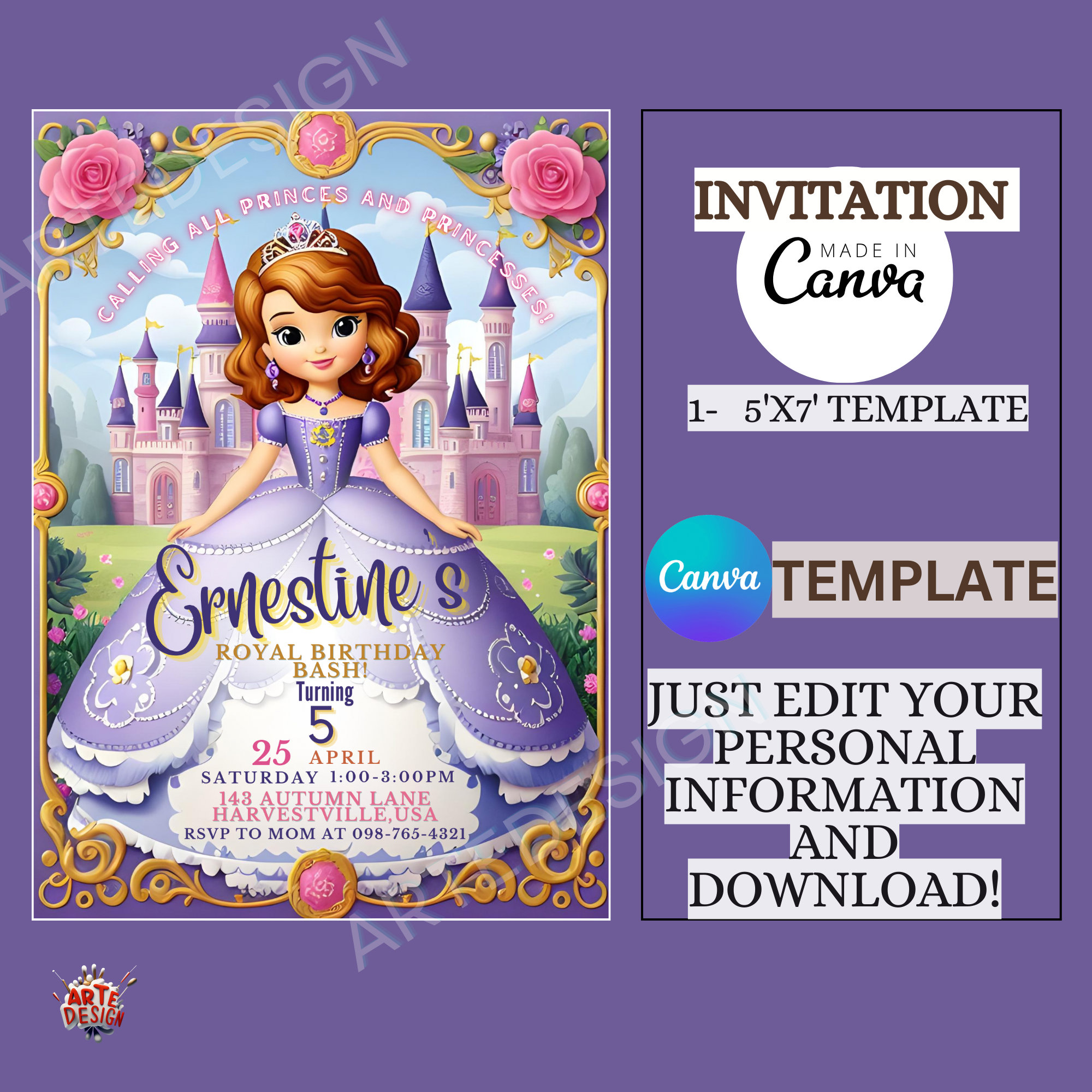Princess Sofia Birthday Invitation, Sofia the 1 Birthday Party Invitation, Sofia Invitation Kid ...