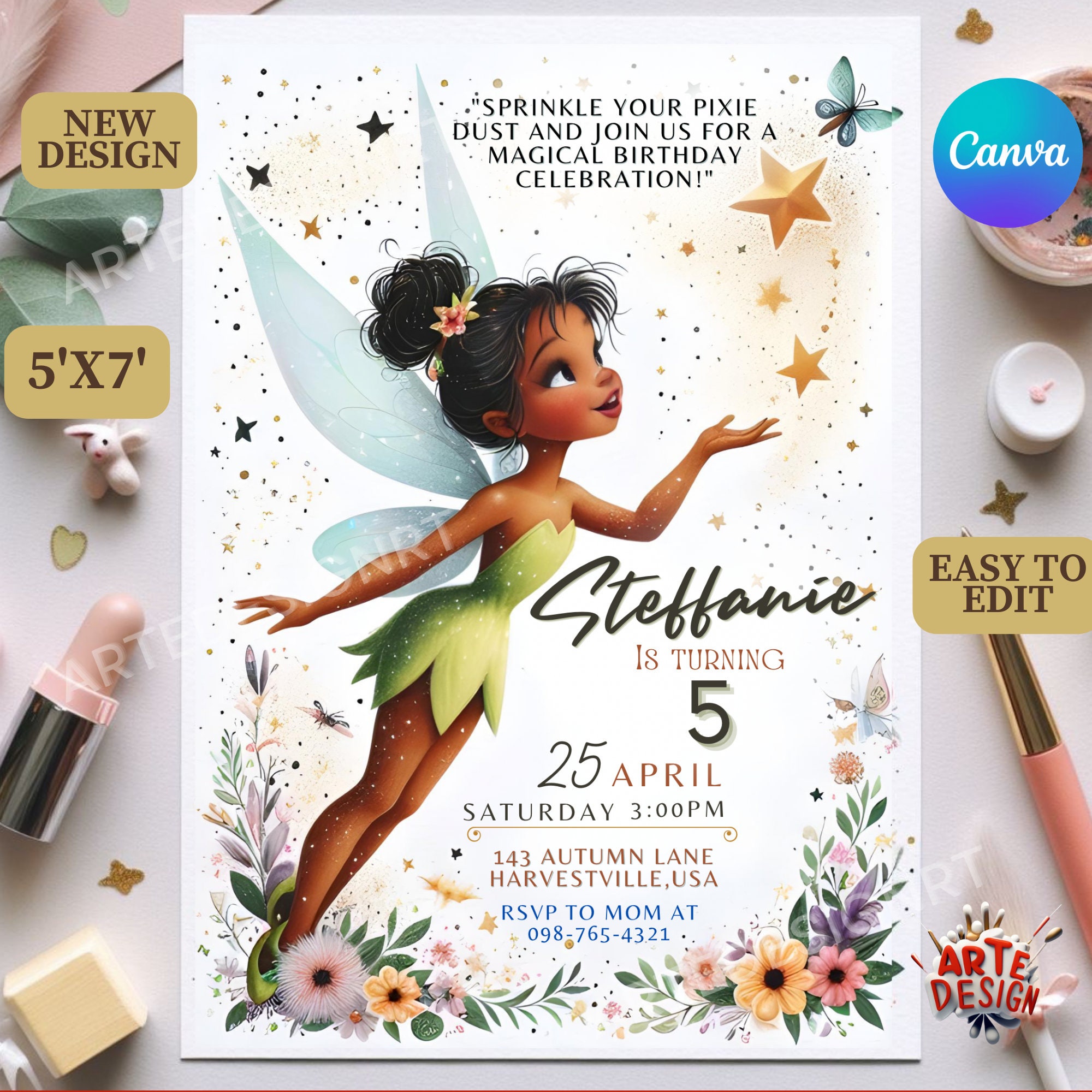 Tinker B Birthday Invitation, Brown Fairy Tink Bell Birthday Party ...